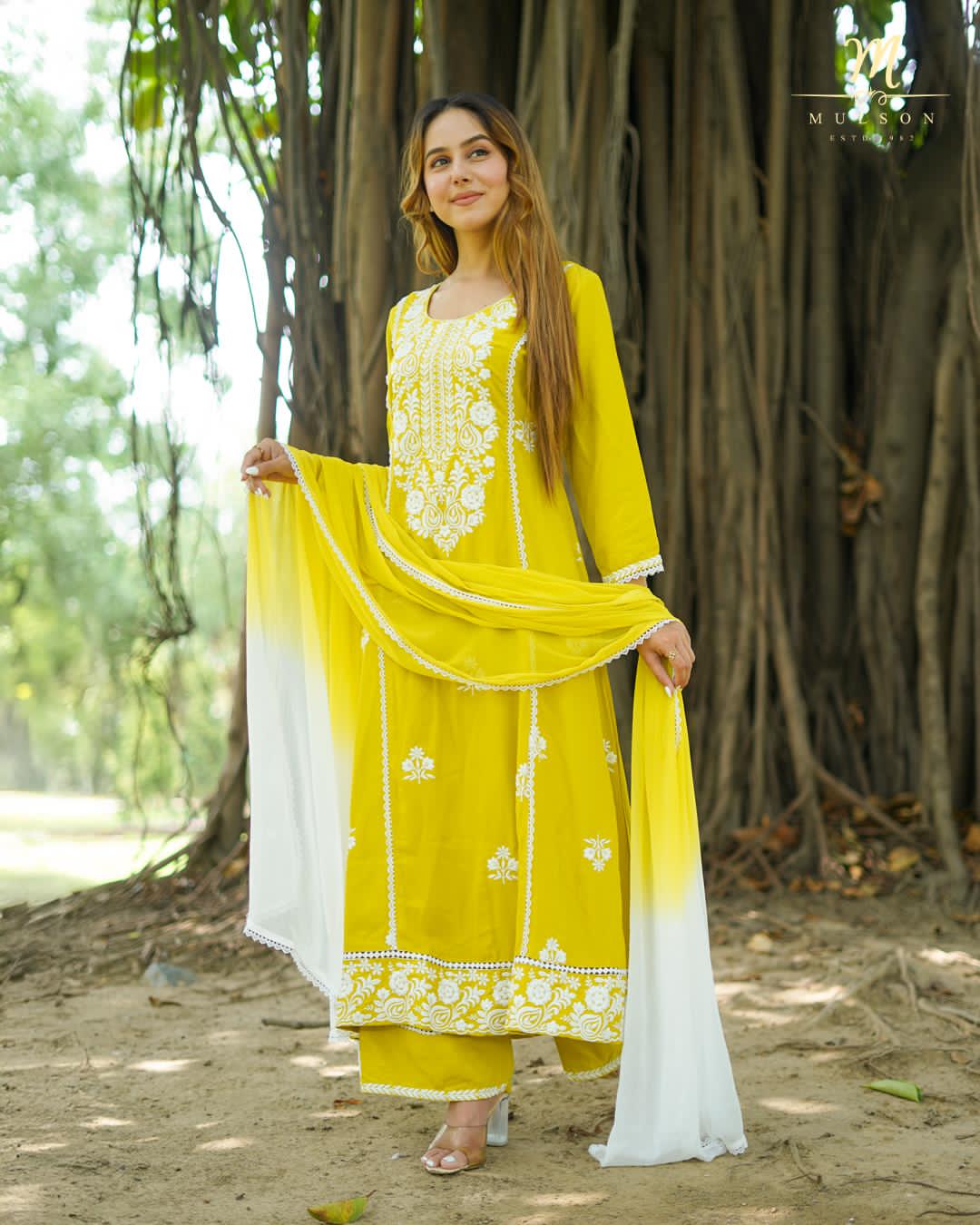 Cotton Kurta Set with Yellow & White Embroidery & Ombre Dupatta ...