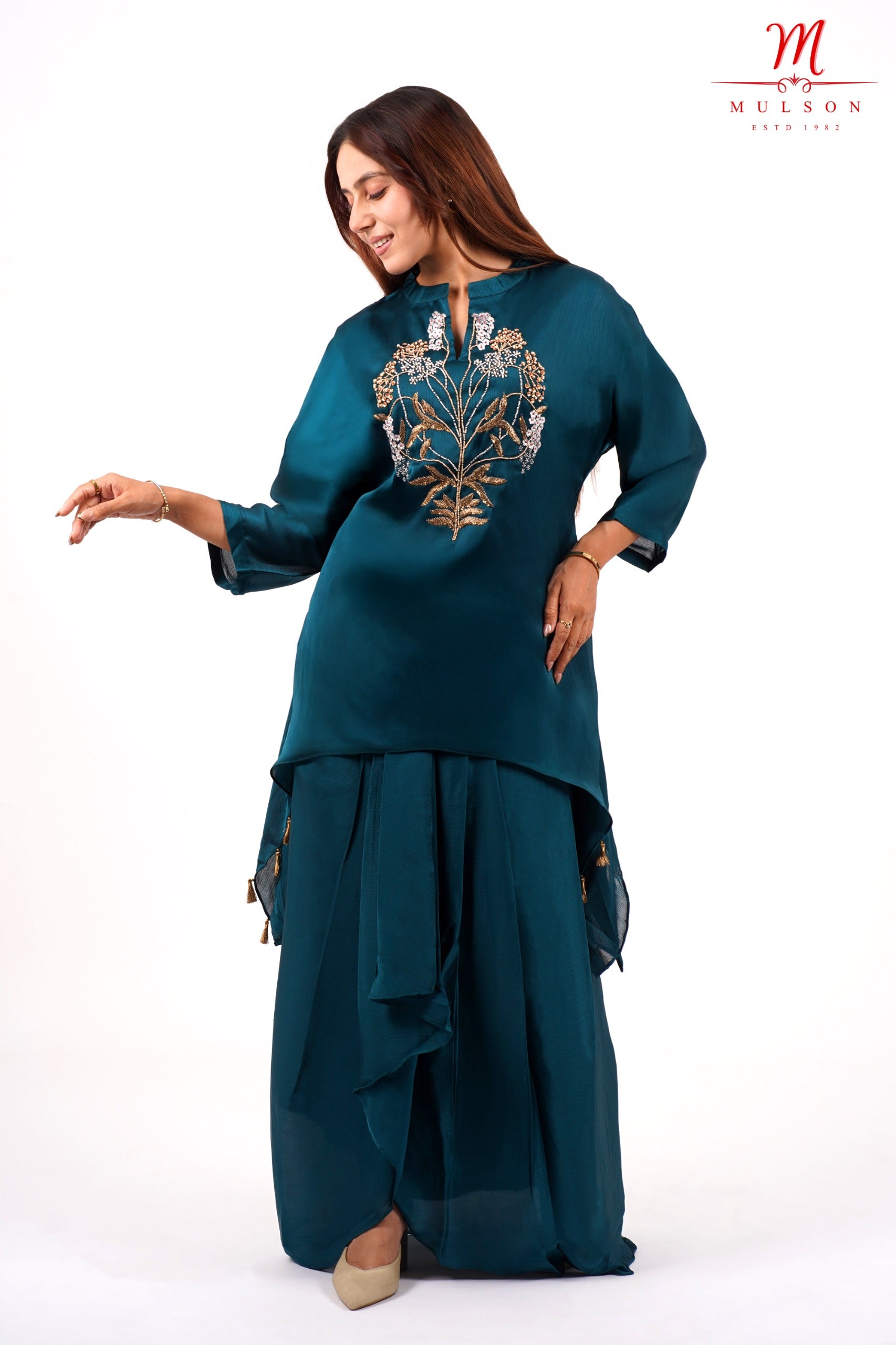 Teal Embroidered kurta With Dhoti Set – MULSON RETAIL PVT LTD