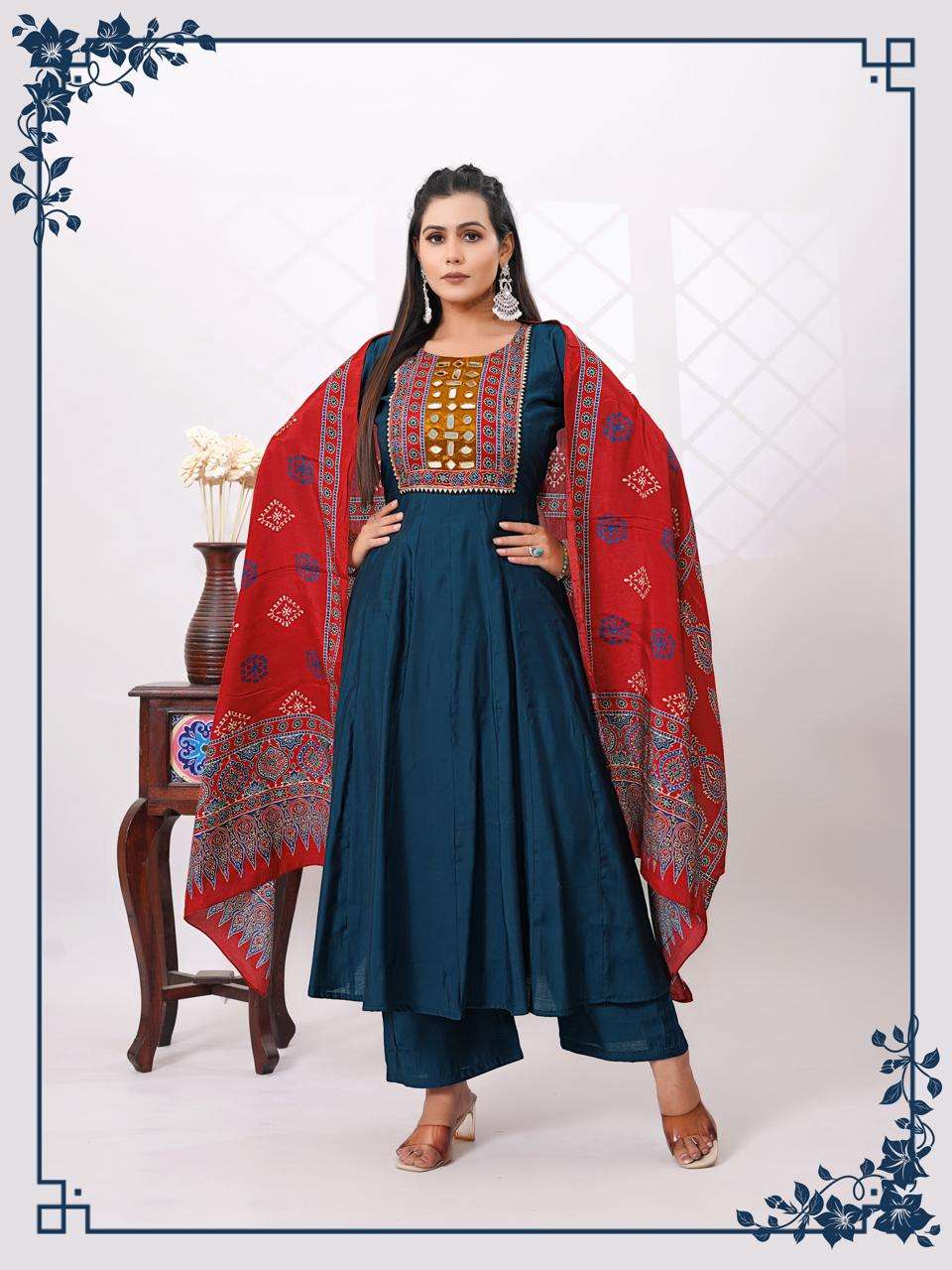 Embroidered Silk Blend Anarkali Kurta Set with Printed Dupatta – MULSON ...